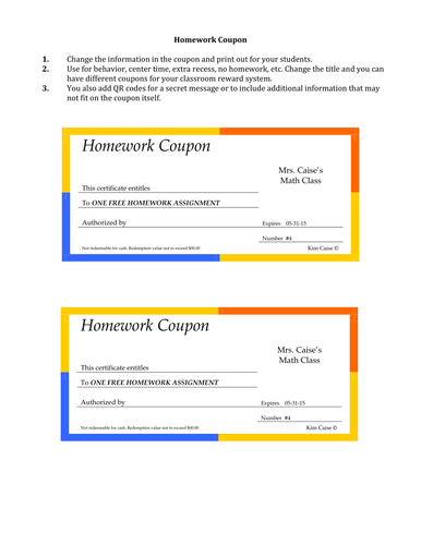 Homework Coupon | Teaching Resources