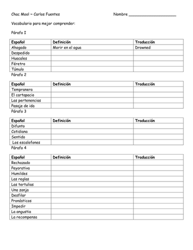 Reading Guide: CHAAC MOOL - Carlos Fuentes | Teaching Resources