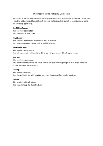 Intermediate Maths Puzzles #1 | Teaching Resources