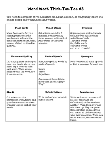 Spelling/Vocabulary/Word Work Think-Tac-Toe Set | Teaching Resources