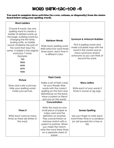 Spelling/Vocabulary/Word Work Think-Tac-Toe Set | Teaching Resources