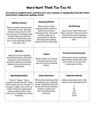 Spelling/Vocabulary/Word Work Think-Tac-Toe Set | Teaching Resources