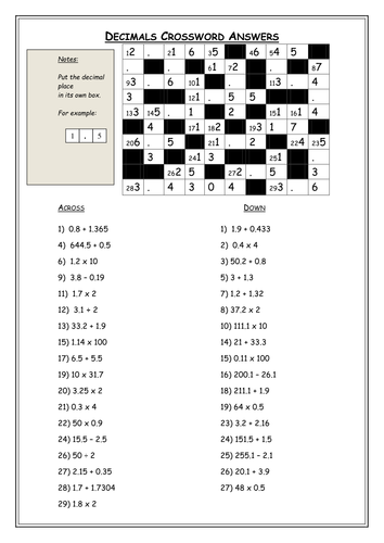 Decimals Crossword | Teaching Resources