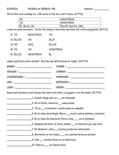 PRUEBA: -ER Verbs Quiz | Teaching Resources