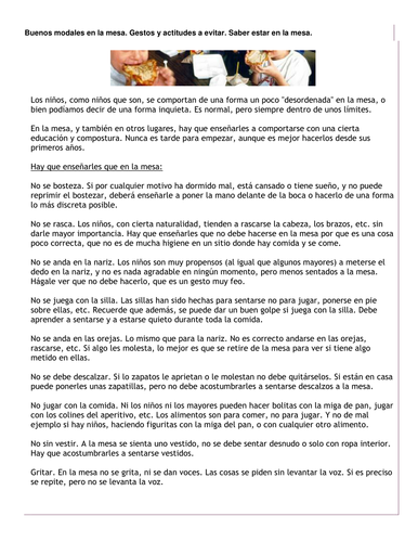 Reading: Buenos Modales en la Mesa | Teaching Resources