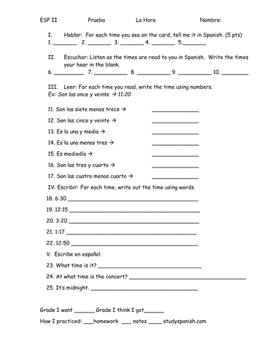 Prueba: LA HORA Quick and Easy Quiz on Telling Time | Teaching Resources