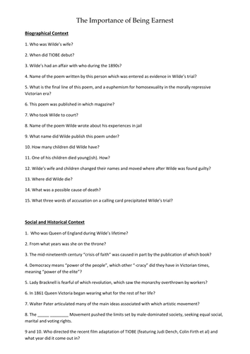 "The Importance of Being Earnest" (Oscar Wilde) | Teaching Resources