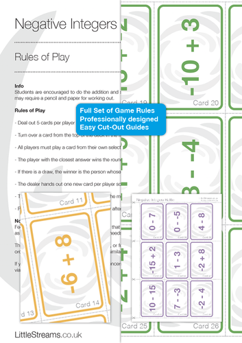 Negative Integers Battle | Card Game | Teaching Resources