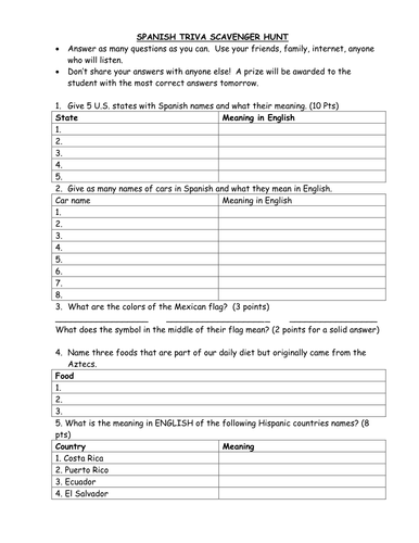 Hispanic/Spanish Trivia Scavenger Hunt | Teaching Resources