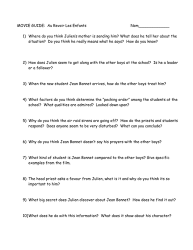 Movie Guide: AU REVOIR LES ENFANTS | Teaching Resources