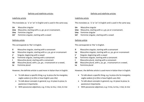 Italian grammar sheets | Teaching Resources