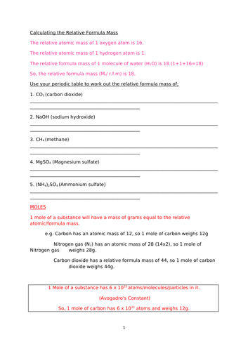Calculating Relative mass, moles and molar volumes. | Teaching Resources