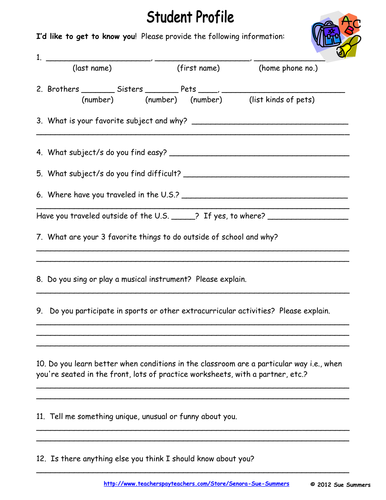 Back to School Student Profile For All Subjects | Teaching Resources