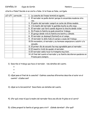 Reading Questions: CAJAS DE CARTON - Francisco Jimenez | Teaching Resources