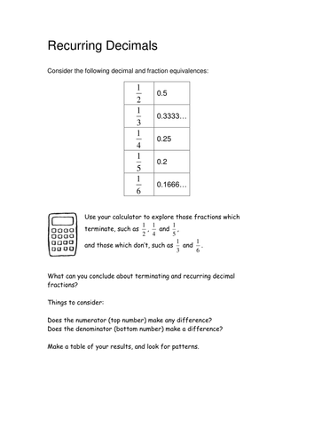 Maths grades 6 7 8 Repeating decimals into fractions: investigation ...