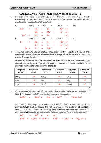 Chemistry: Redox reactions including oxidation states worksheet ...