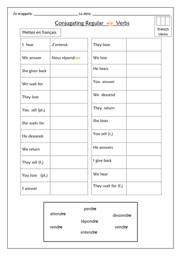FRENCH VERBS - Planting a regular -re verb - Worksheets | Teaching ...