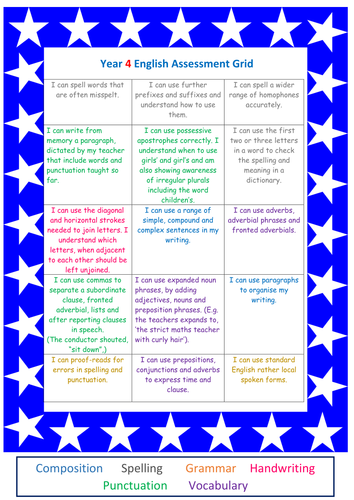 Year 4 NEW CURRICULUM assessment for reading bookmark and writing grid ...