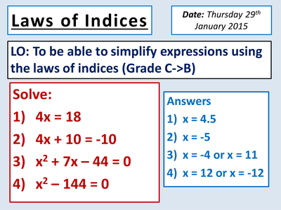 Indices (Index Laws) Lesson & Bingo Activity by ryangoldspink - UK ...