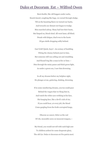 Dulce Decorum Est - Wilfred Owen | World War One Literature | Teaching ...