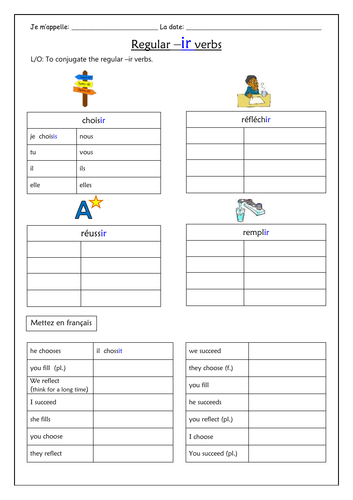 FRENCH VERBS - Planting a regular -ir verb - Worksheets | Teaching ...