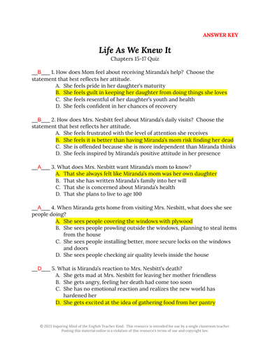 Life As We Knew It Chapters 15 through 17 Quiz and Answer Key ...