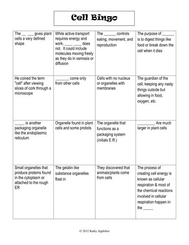 Cell bingo | Teaching Resources