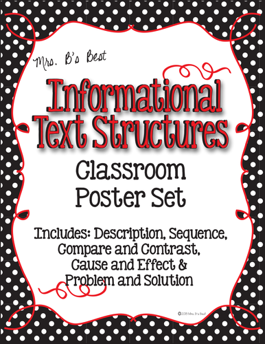 Informational Text Structure Posters in Black and White Polka Dot with ...