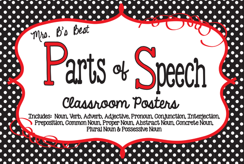 Parts Of Speech Classroom Posters In Black Red And White Polka Dots