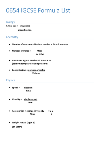 0654 Cambridge Igcse Coordinated Science Formula List All Sciences