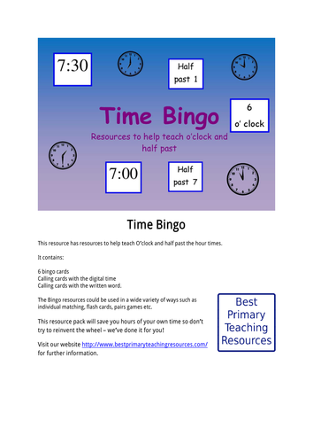 Time Bingo - o'clock and half past | Teaching Resources