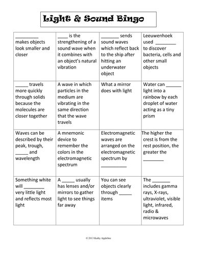 Light and Sound bingo | Teaching Resources