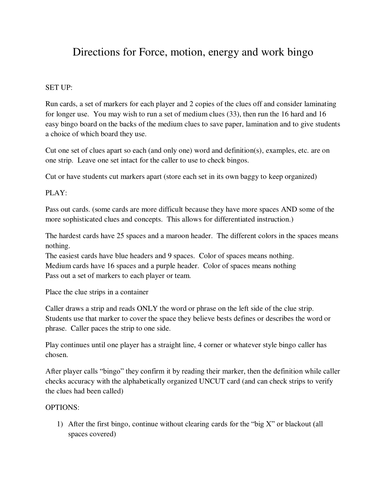 Force, Motion, Energy & Work bingo | Teaching Resources