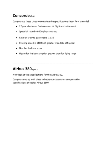 Concorde v Airbus 380 - Facts and Figures - word problem calculations ...