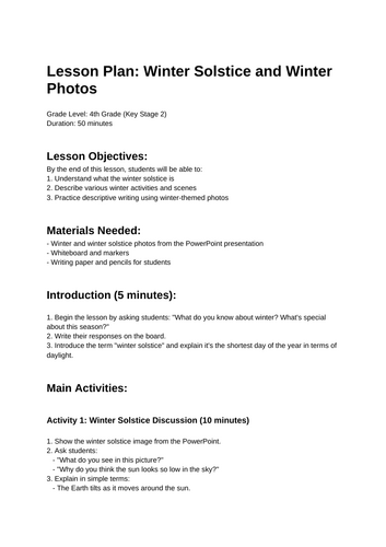 Winter Solstice Lesson Plan – 4th Grade Descriptive Writing & Seasonal ...