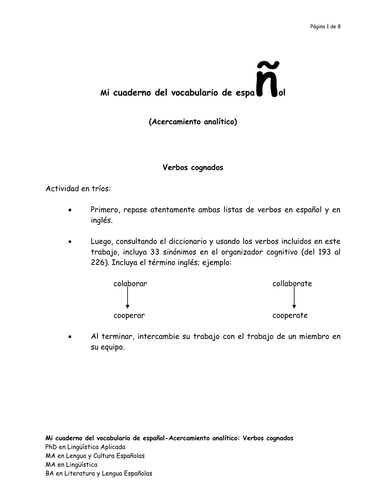 Vocabulario español-Verbos españoles con gemelos ingleses (cognados ...
