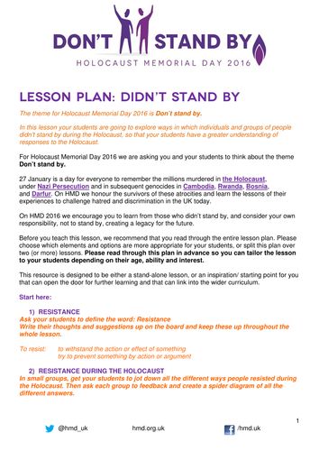Holocaust Memorial Day 2016 - Didn't Stand By - Lesson Plan | Teaching ...
