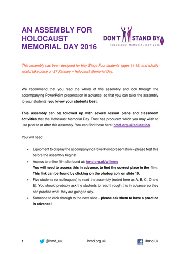 Holocaust Memorial Day 2016 - Assembly for Key Stage 4 (14-16 year olds ...