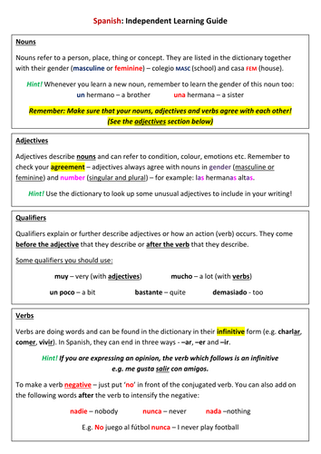 *UPDATED* KS3/KS4 Spanish Independent Learning Guide | Teaching Resources