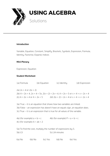 Using Algebra - Complete Lesson | Teaching Resources