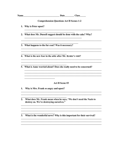 Diary of Anne Frank Act II Scenes 1-5 Comprehension Questions ...
