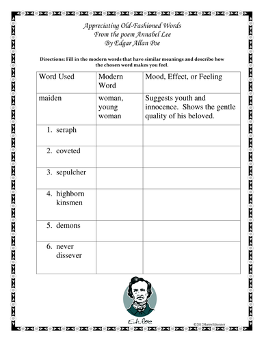 Annabel Lee Vocabulary Graphic Organizer | Teaching Resources