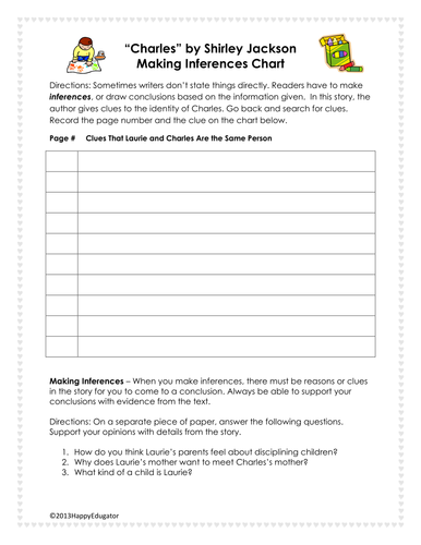 Charles by Shirley Jackson Making Inferences Chart | Teaching Resources