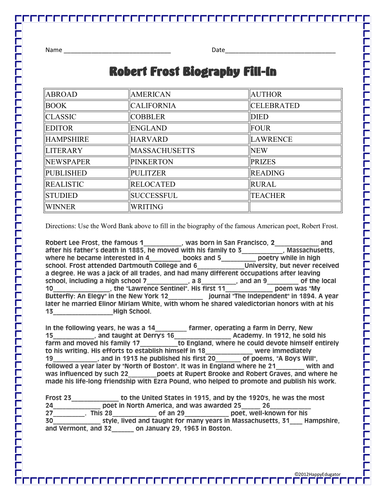 Robert Frost Biography Fill in and Word Search Activity | Teaching ...
