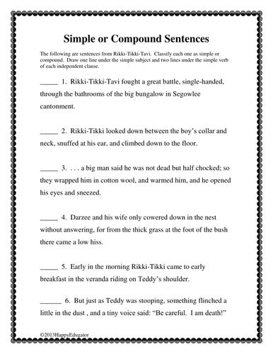 Rikki Tikki Tavi - Simple or Compound Sentences Practice Activity ...