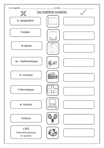 FRENCH - School Subjects - Les Matières Scolaires - Worksheets ...