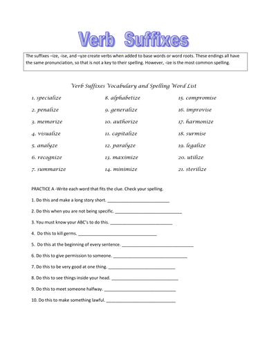 Verb Suffixes Vocabulary and Spelling Worksheet | Teaching Resources