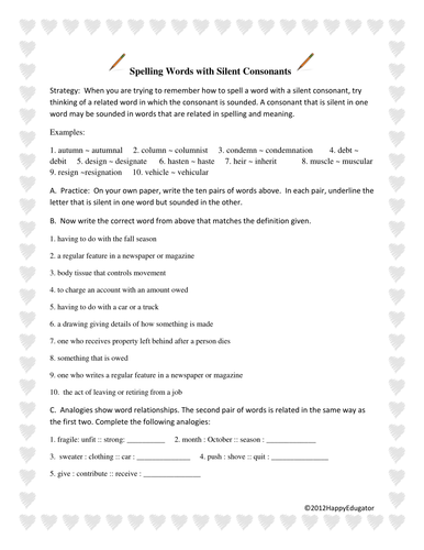 Spelling Words with Silent Consonants Worksheet | Teaching Resources