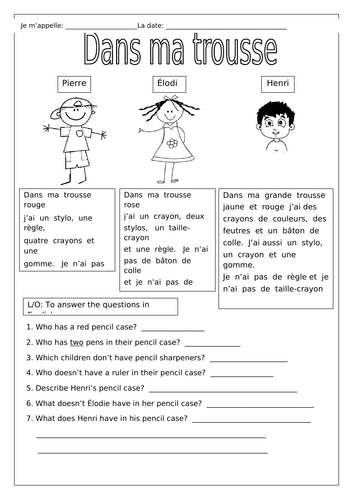 FRENCH - Pencil case items - Dans Ma Trousse - Worksheets | Teaching ...