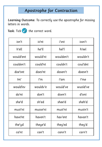 Apostrophe for Contraction / Omission | Teaching Resources